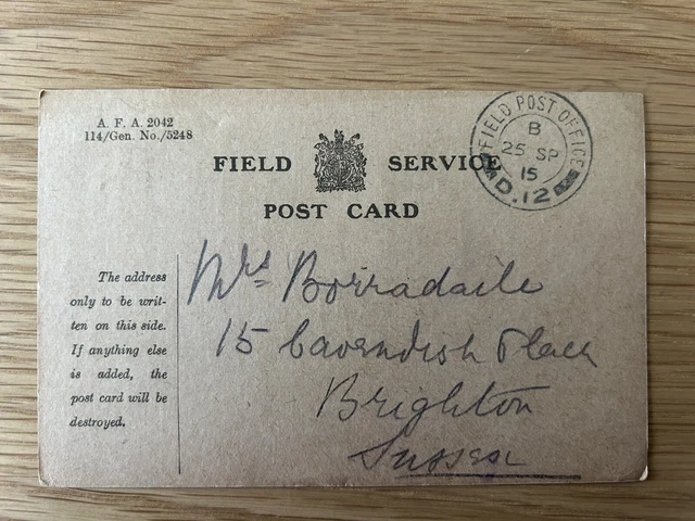 WW1 FIELD SERVICE Postcard A.F.A 2042. Brighton Address. 25th September ...