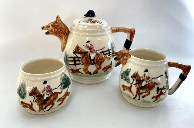 PORTLAND POTTERY FOX Hunting Tea Set Teapot Milk Jug Sugar Bowl Vintage ...