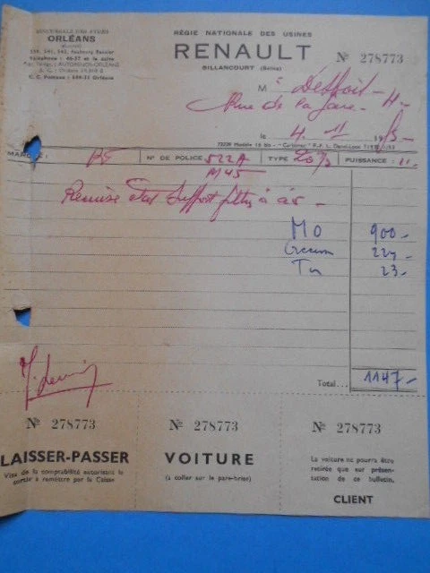 FACTURE ANCIENNE : Renault - Succursale des Aydes - Orléans - 1915 EUR ...