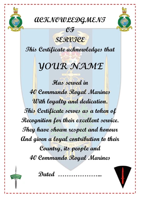 40 COMMANDO ROYAL Marines Acknowledgement of Service Certificate ...