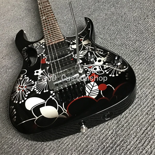MOTIF FLORAL JEM guitare électrique noire col érable Floyd rose chrome ...