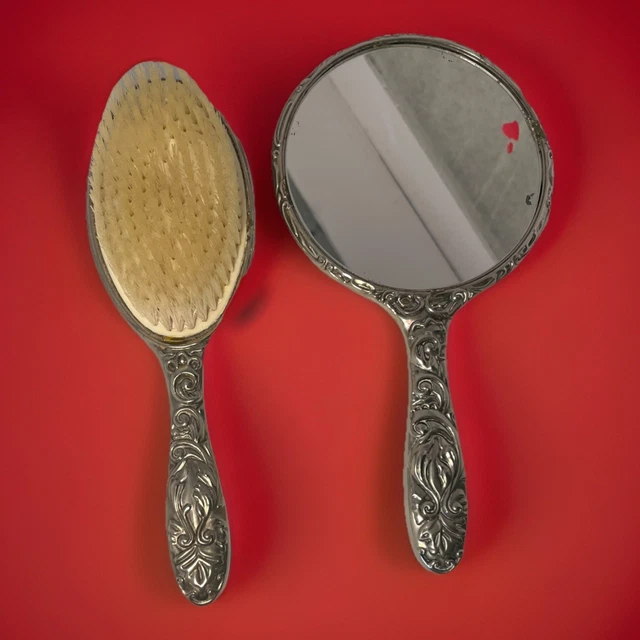 VINTAGE HAND HELD Silver Plated Vanity Mirror & Hair Brush Set ...