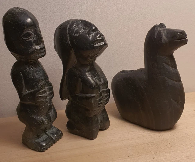 3 COPIES DE statuettes Art précolombien azteque en pierre polie noir et ...