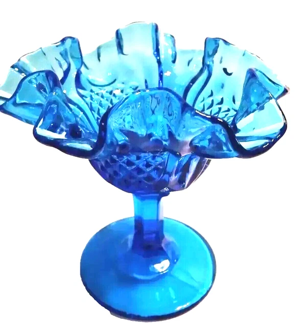 VINTAGE FENTON BLUE Diamond Cut Glass Compote Footed Ruffle Edge Candy ...