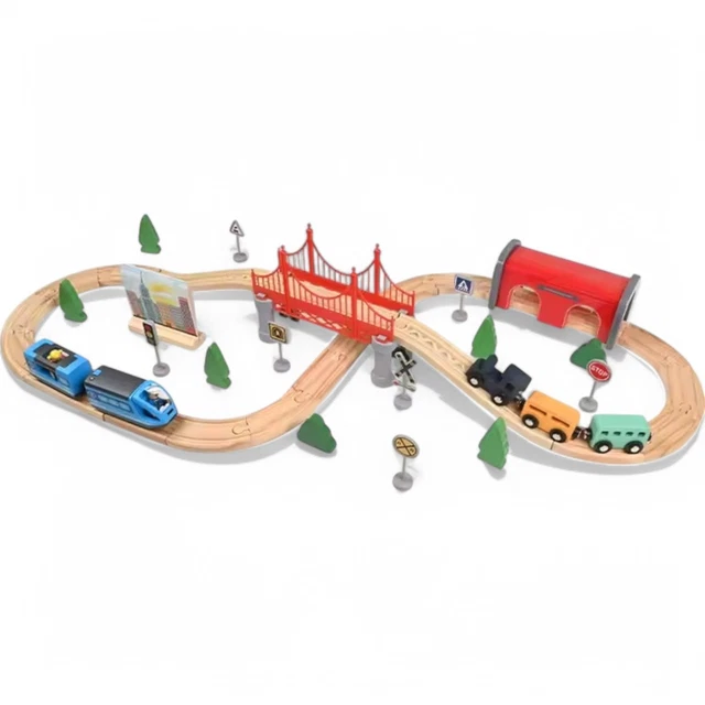 WOODEN TRAIN TRACK Toy Rail Set with Train Cars Town Pieces People and ...