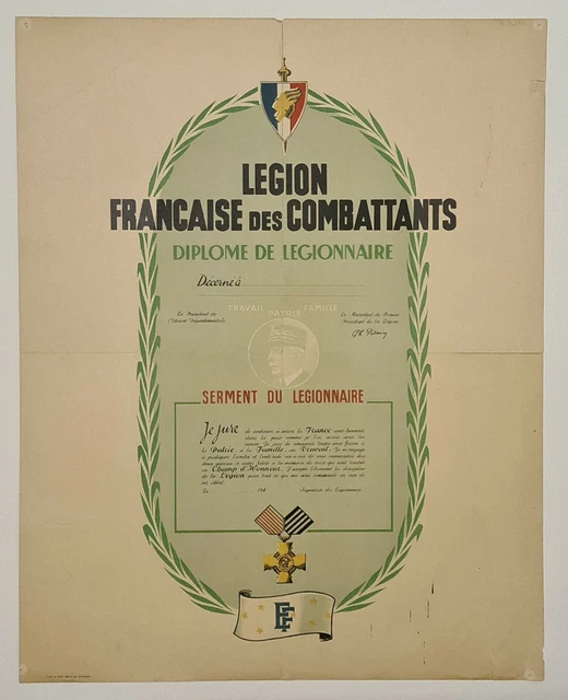 LEGION FRANÇAISE DES Combattants - Diplome de légionnaire vers 1940 ...
