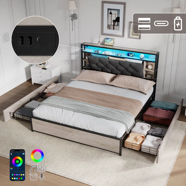 4FT6 DOUBLE BED Frame with Drawers Concealed Headboard Storage and LED ...