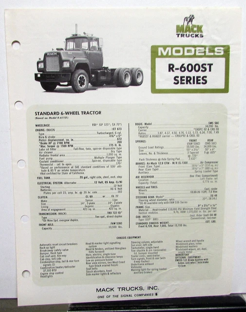 1976 MACK TRUCK Model R 600ST Diagrams Dimensions Sales Brochure ...