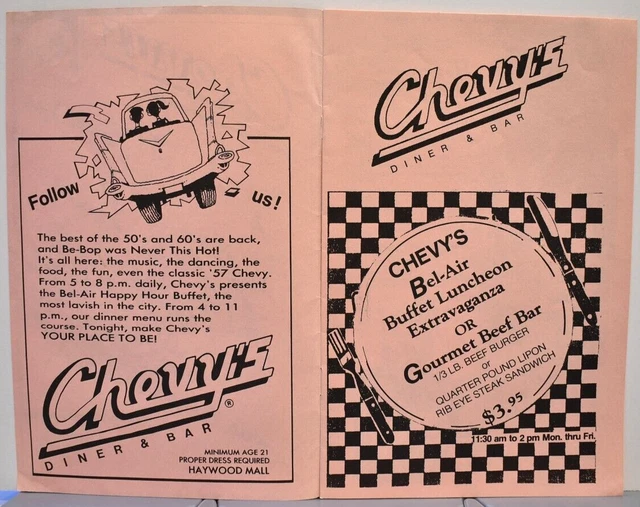 1980S CHEVY'S DINER Bar Restaurant Menu Haywood Mall Greenville South ...