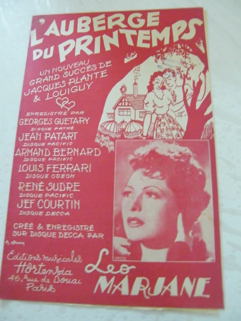 PARTITURA L'AUBERGE DEL Primavera Léo Marjane Jacques Plante Louiguy ...