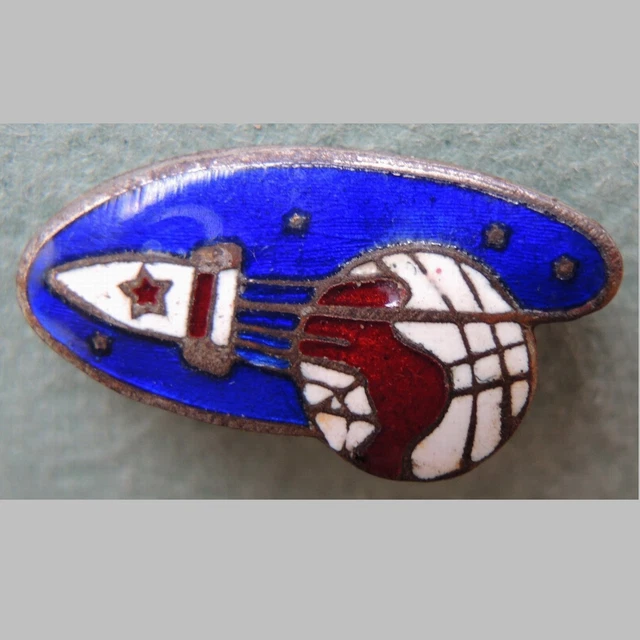 OLD USSR SPACE Enamel Pin Badge Soviet Rocket Red STAR Over Globe ...