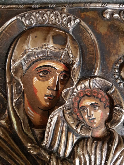 925 SILBER IKONE Byzantinisch Mutter Gottes Mary Theotokos Jungfrau ...