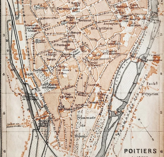 MAP POITIERS SOUTHERN France Rare 1914 Lithograph WW1 Street Mini Sheet ...