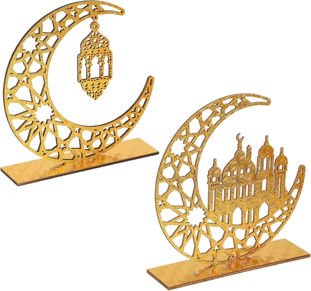 2 PIECES WOOD Ramadan Decorations Islamic Eid Mubarak Kareem Table Sign ...