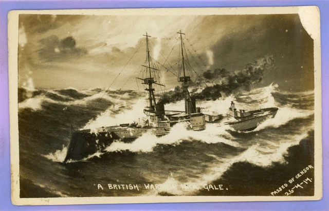 NAVY SHIP IN Gale War Ww1 Military Rp Photo Censor Passed 1917 Postcard ...