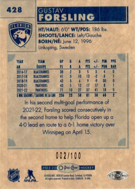 2022-23 UD O-PEE-CHEE OPC bordure noire rétro #428 Gustav Forsling /100 ...
