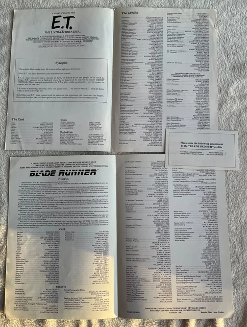 BLADE RUNNER & E.T the extra terrestrial premier cast credits books ...