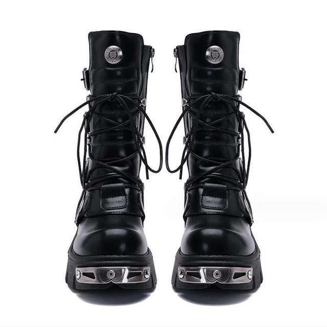 NEW ROCK BOOTS Punk Unisex Metallic Black Leather Platform Biker Boots ...