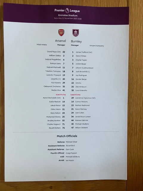 ARSENAL V BURNLEY 11 November 2023 Premier League Format A4 Colour Team ...