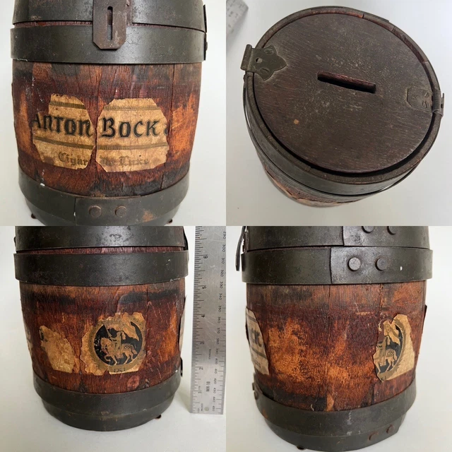 OLD VINTAGE ANTON Bock Wooden Cigar Barrel Box into a Bank 7.5" x 6 ...