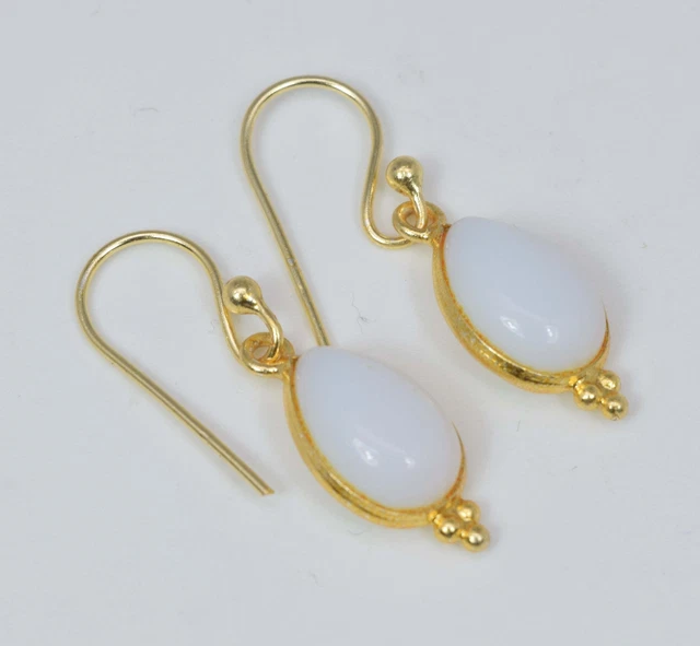 925 Solid Sterling Silver 24ct Gold Overlay Milky Opalite Hook Earring