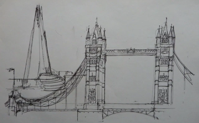 ORIGINAL INK LONDON Cityscape Medium drawing The Shard, Thames & London ...