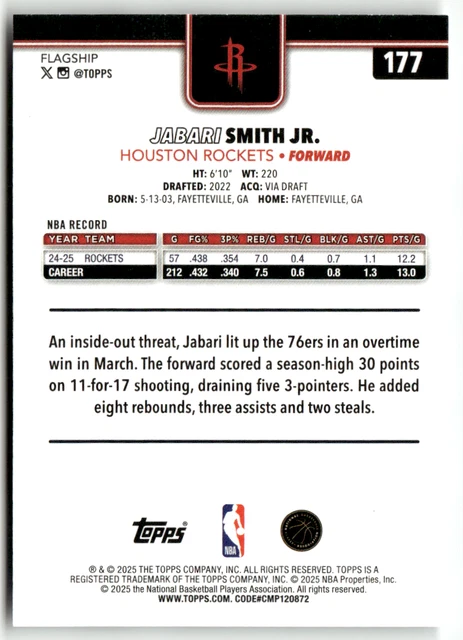 TOPPS NBA FLAGSHIP 2025 N º 177 Jabari Smith Jr . Tip-Off Holo EUR 2,28 ...
