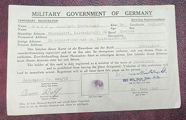 WWII WW2 MILITARY Government of Germany document 1945 printed on German ...