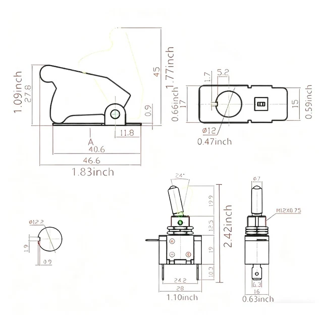 12 MILLIMETER HOLE 12V 20A Toggle Switch ASW07D Red Cover SPST Rocker ...