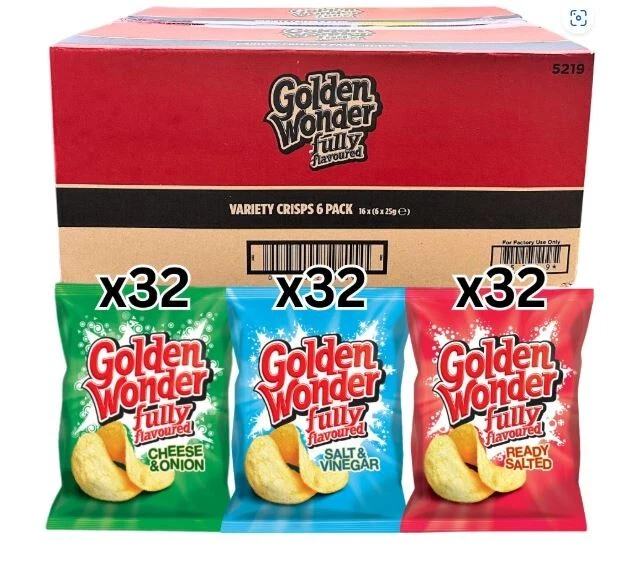 GOLDEN WONDER VARIETY Crisps, 16 x (6x25g) Total 96 Crisps, Multipack ...