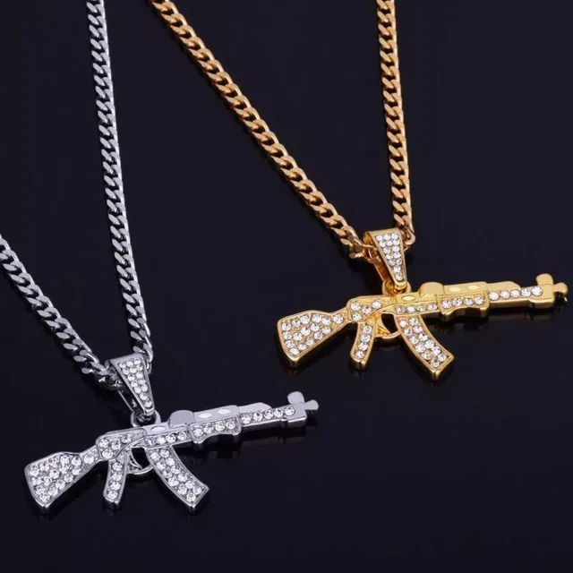 GOLD AK47 MACHINE Gun Pistol Rifle Chain Pendant Diamond Bling Necklace ...