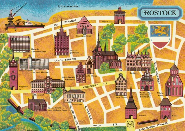 AK MAP, CITYMAP, Stadtplan **ROSTOCK** mit Wappen, 1985 £0.86 - PicClick UK