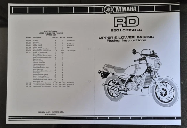 YAMAHA RD350LC / Rd250Lc 4L0 4L1 Pro Am Fairing Fitting Instructions £ ...