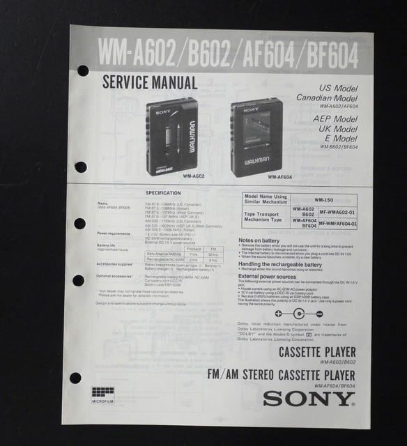 WALKMAN SERVICE MANUAL originale SONY WM-A602/B602/AF604 / istruzioni 3-WM EUR 19,00 - PicClick IT