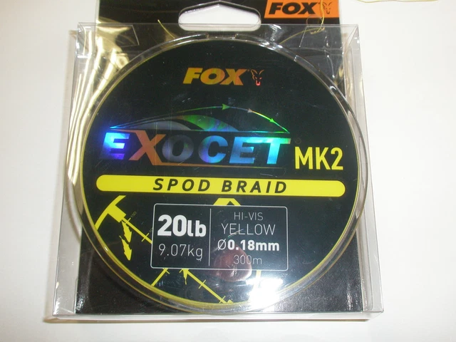 FOX EXOCET SPOD Tresse 9.1kg 0.18mm 300m Haute Visibilité Jaune Carpe ...