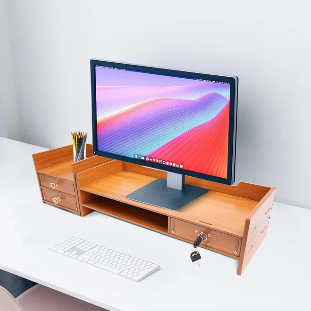 WOOD MONITOR STAND Riser Computer Laptop Desktop Organizer With Drawers ...