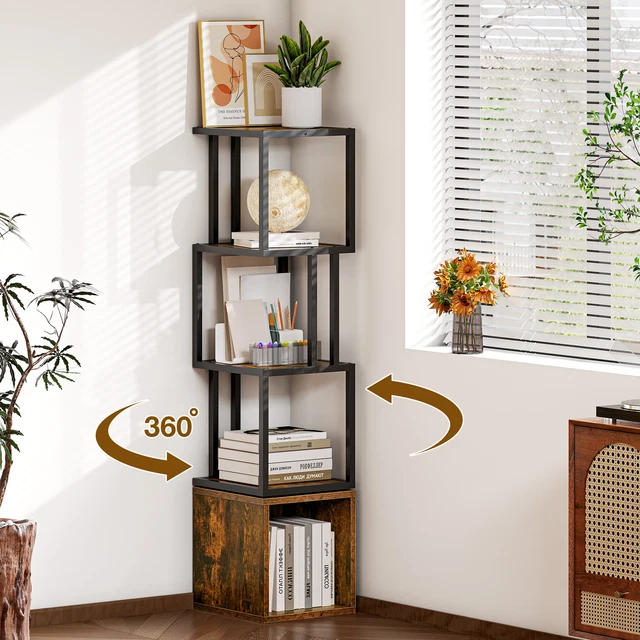 4-TIER ROTATING BOOKSHELF Corner Narrow Book Shelf 360 Display Bookcase ...