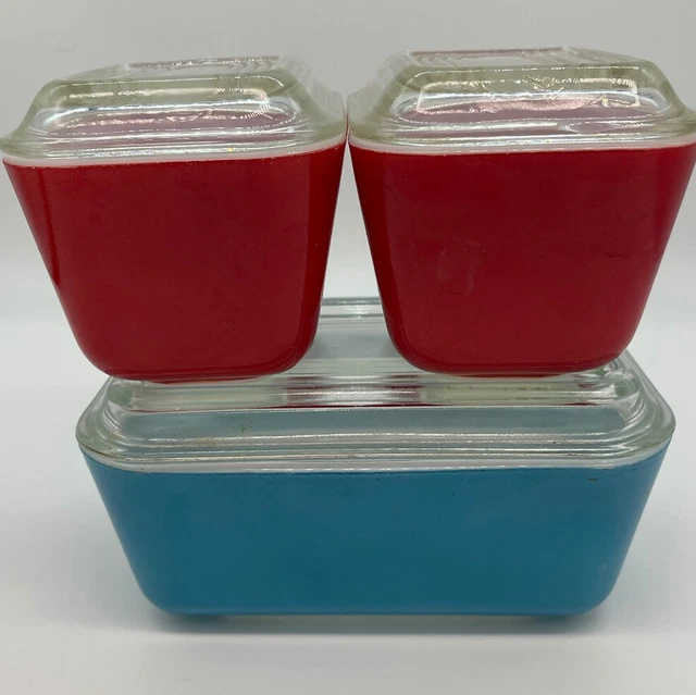 RARE VINTAGE PYREX Fridges Refrigerator Set of 3 Lot Red Blue With Lids ...