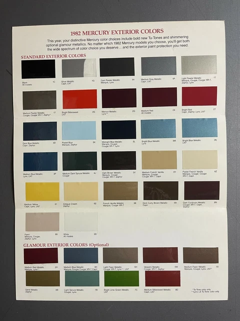 1982 MERCURY FULL Line Color Chart Showroom Advertising Sales Folder ...