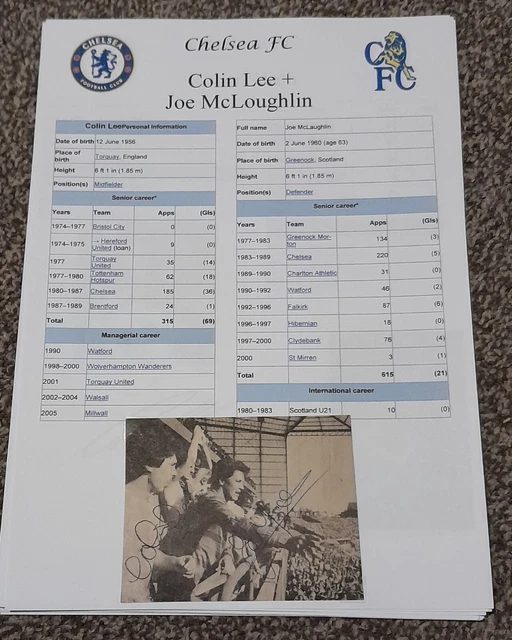 SIGNED CARD OF Ex Chelsea Footballers Colin Lee+joe Mcloughlin+history ...