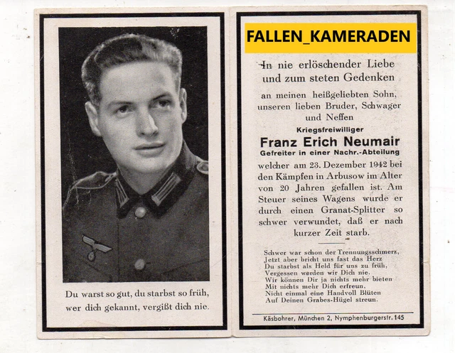 ORIGINAL GERMAN WW2 Death Card -sterbebild-soldiers death details wk2 ...