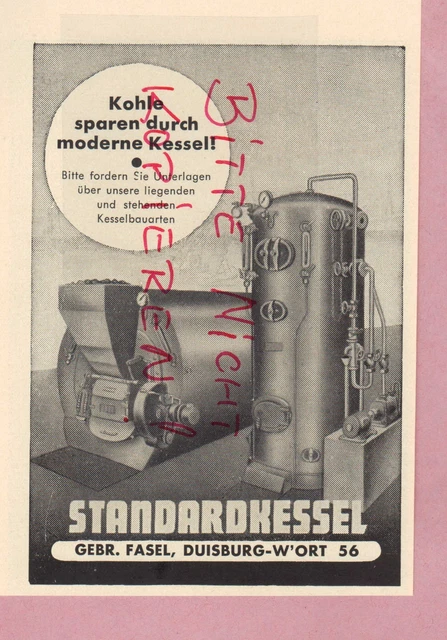 DUISBURG, WERBUNG 1952, Gebrüder Fasel, Standardkessel Kohle-Kessel EUR ...