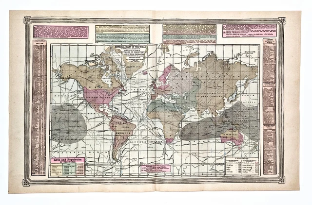 OLD 1891 WORLD Map ORIGINAL Historical Chart Exploration Routes Voyages ...