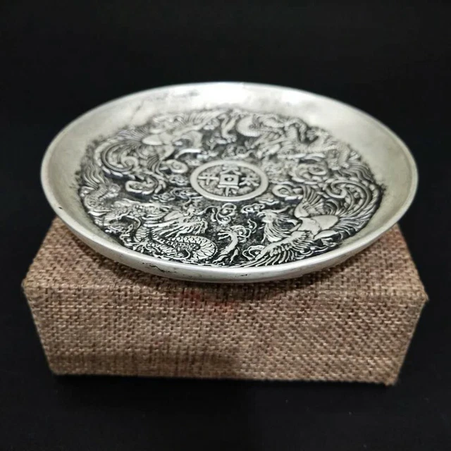 OLD CHINESE TIBET Silver Handcarved Dragon Phoenix Plate Qianlong Mark ...