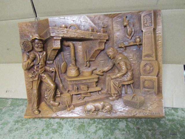 TRES JOLI ANCIEN tableau en bois sculpté en relief C A MORAND EUR 25,00 ...