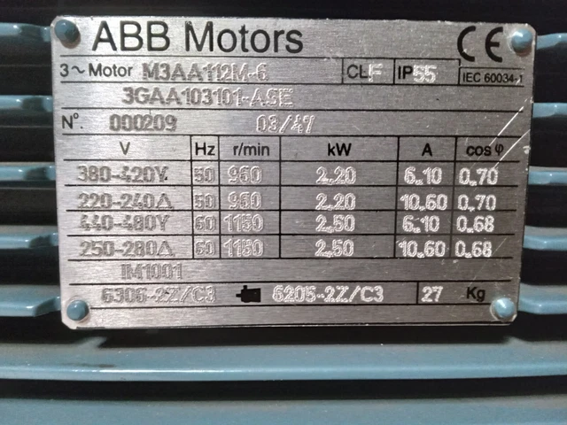 MOTORE ELETTRICO SERVOVENTILATO con Encoder ABB Motor 3GAA103101 ASE 2. ...