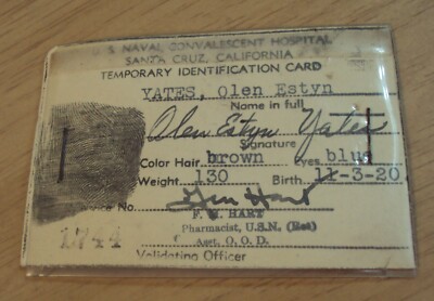 1940'S WWII US Navy IDENTIFICATION Card~NAVAL Convalescent HOSPITAL ...