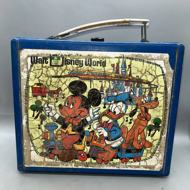 RARE VINTAGE ALADDIN Canada Blue WALT DISNEY WORLD Lunchbox Retro Mono ...
