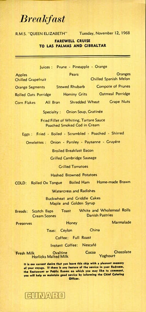 CUNARD RMS QUEEN ELIZABETH farewell cruise breakfast menu card Nov 12th ...