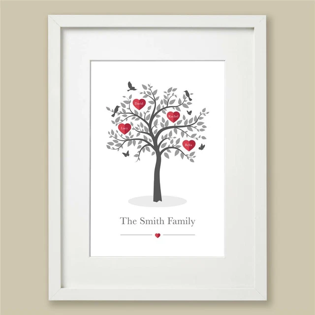 PERSONALISED FAMILY TREE print picture hearts names READY TO FRAME ...